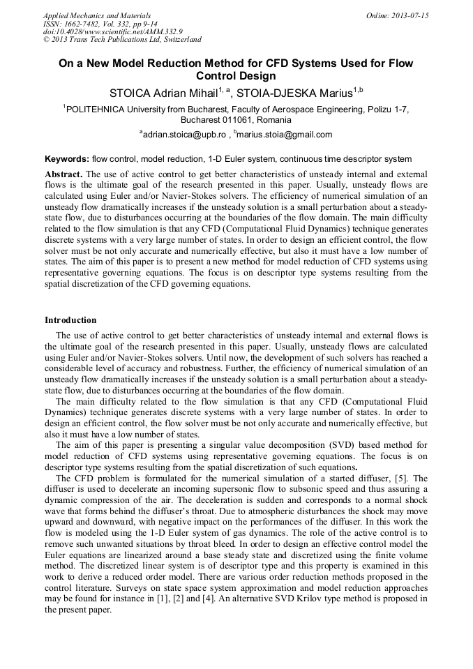 On a New Model Reduction Method for CFD Systems Used for Flow Control ...