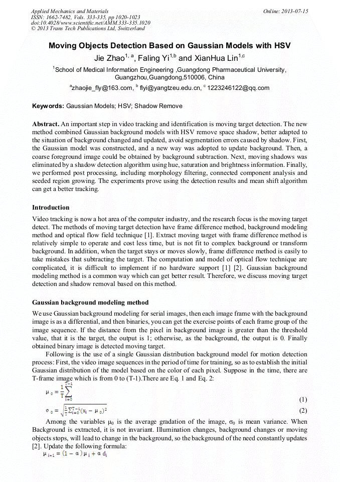 Moving Objects Detection Based on Gaussian Models with HSV | Scientific.Net