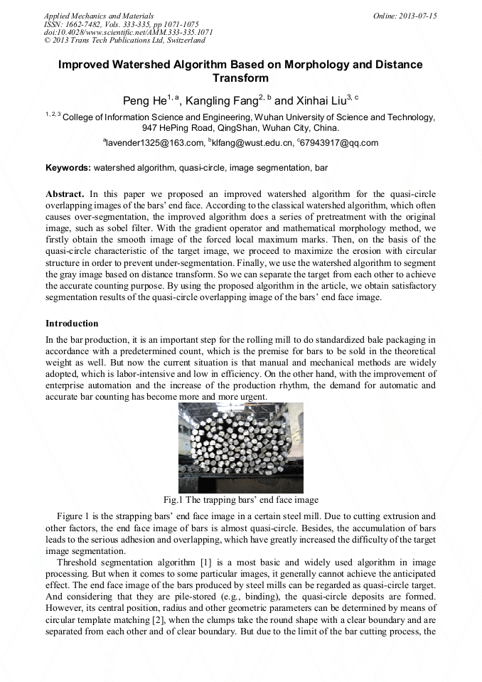 Improved Watershed Algorithm Based on Morphology and Distance Transform | Scientific.Net
