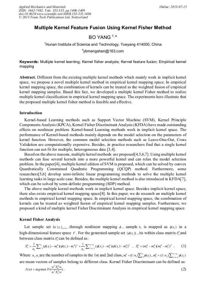 Multiple Kernel Feature Fusion Using Kernel Fisher Method | Scientific.Net