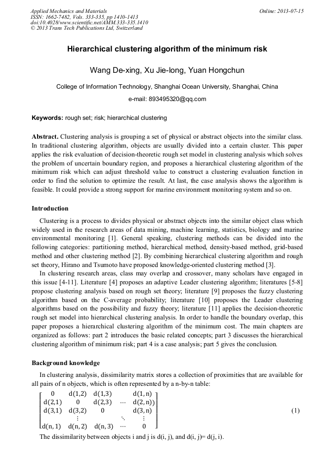 Hierarchical Clustering Algorithm of the Minimum Risk | Scientific.Net