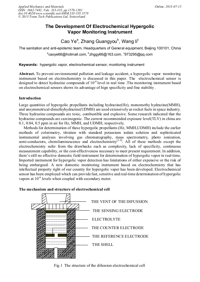 The Development of Electrochemical Hypergolic Vapor Monitoring ...