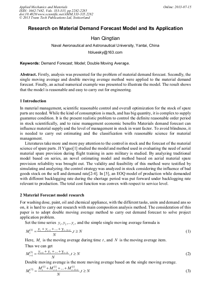 Research on Material Demand Forecast Model and its Application | Scientific.Net