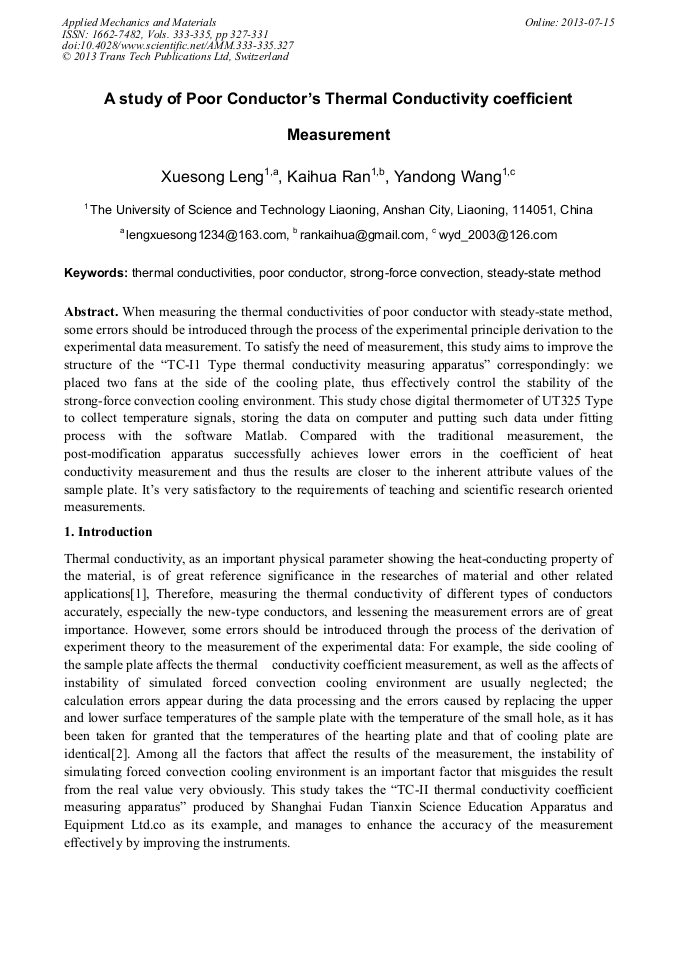 A Study of Poor Conductor’s Thermal Conductivity Coefficient ...