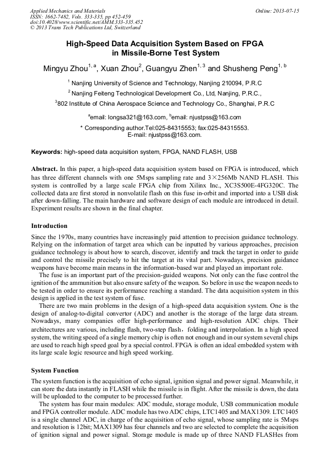 High-Speed Data Acquisition System Based on FPGA in Missile-Borne Test ...