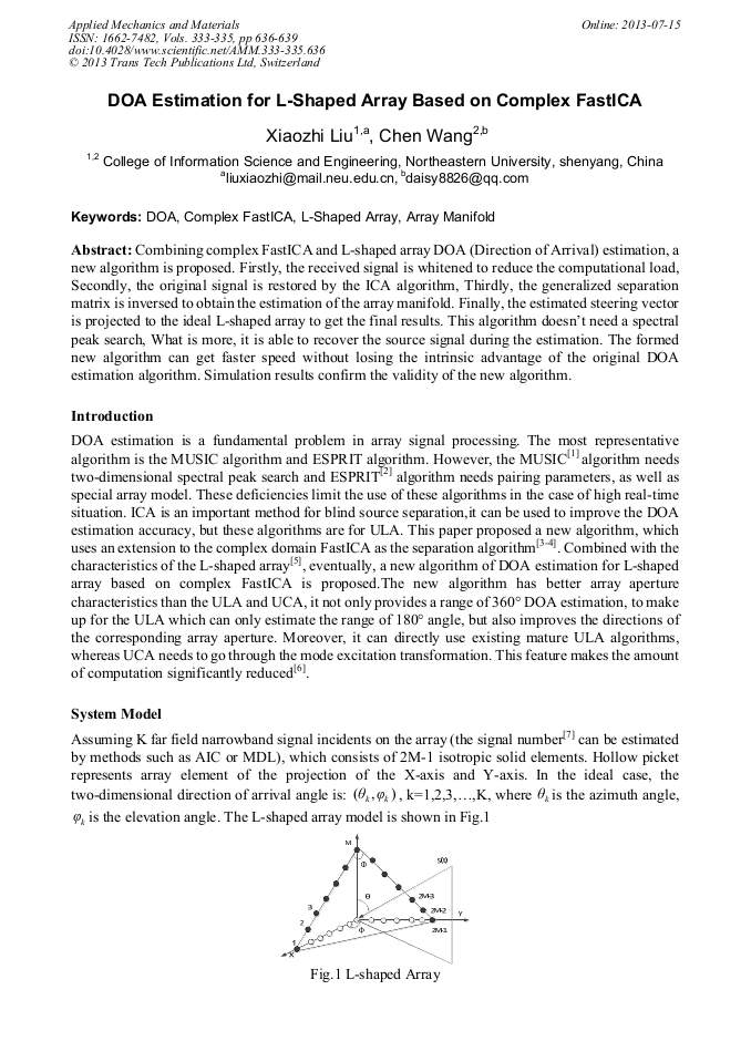 DOA Estimation for L-Shaped Array Based on Complex FastICA | Scientific.Net