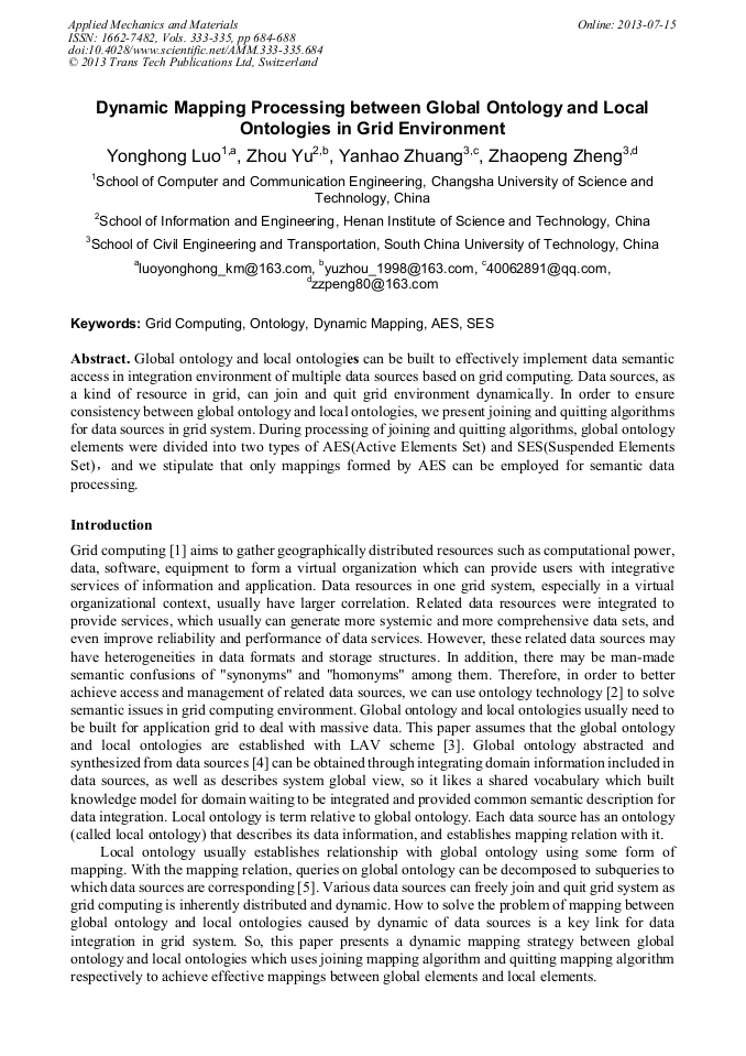 Dynamic Mapping Processing between Global Ontology and Local Ontologies in Grid Environment ...
