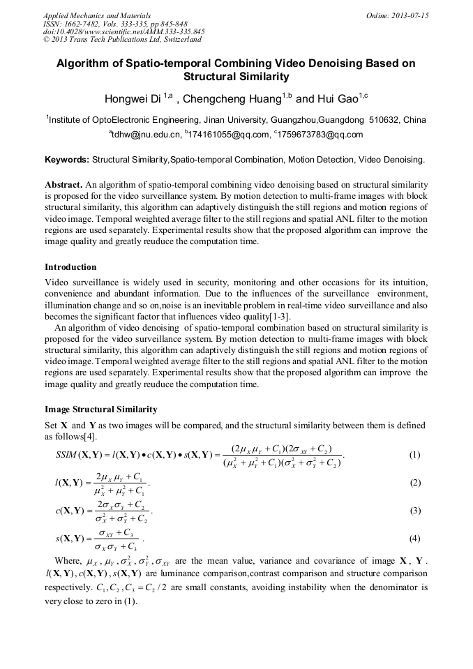 Algorithm Of Spatio Temporal Combining Video Denoising Based On Structural Similarity