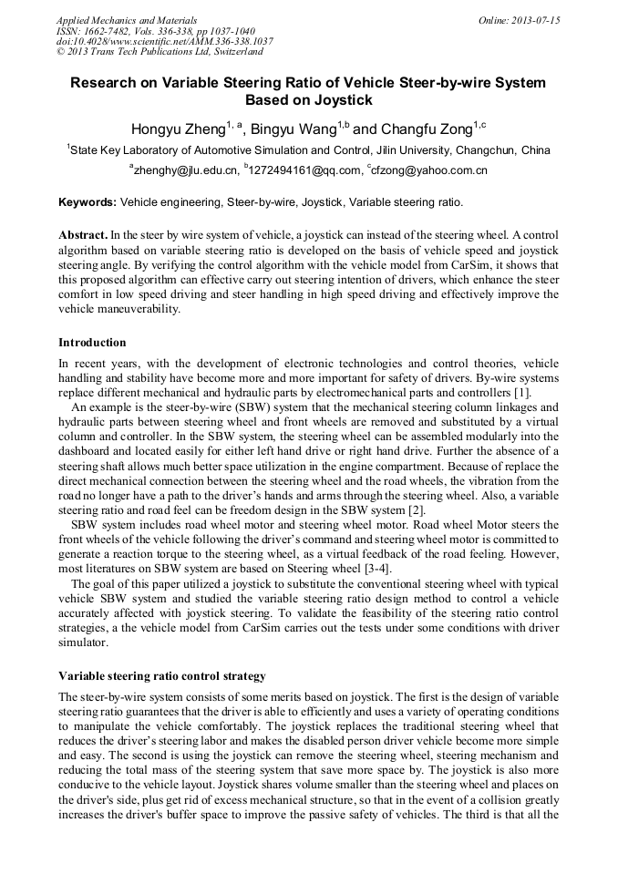 Research on Variable Steering Ratio of Vehicle Steer-by-Wire System ...