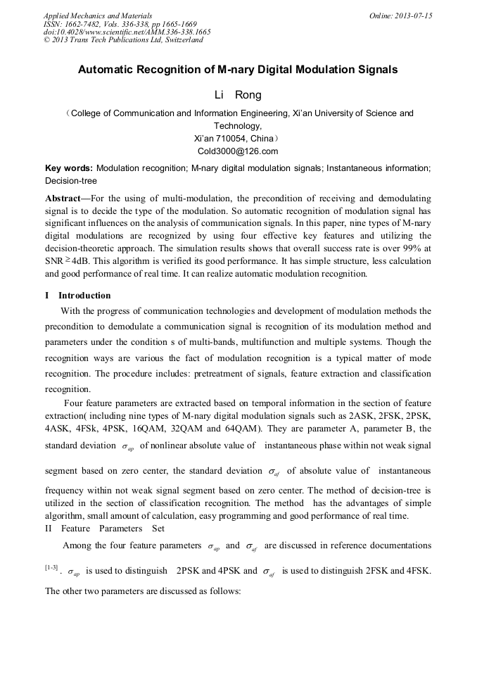 Automatic Recognition of M-Nary Digital Modulation Signals | Scientific.Net