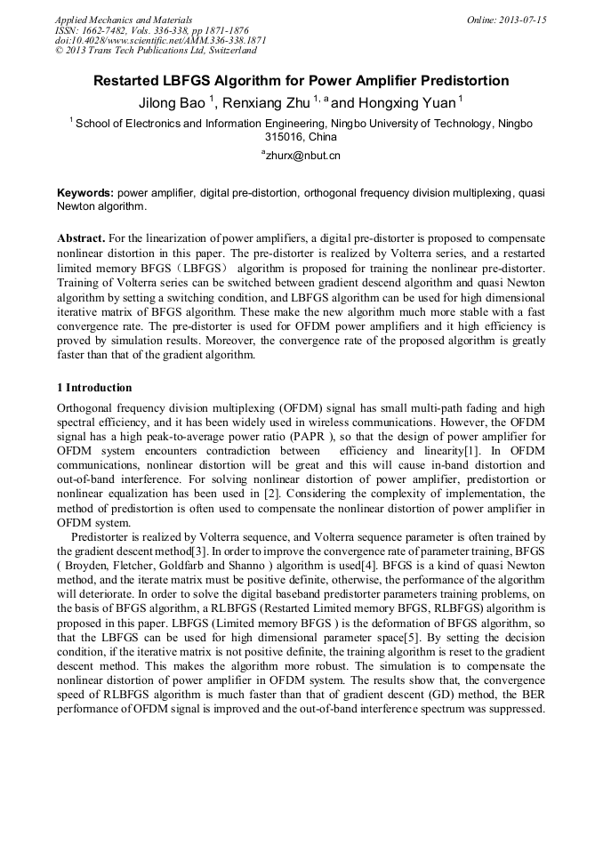 Restarted LBFGS Algorithm for Power Amplifier Predistortion ...