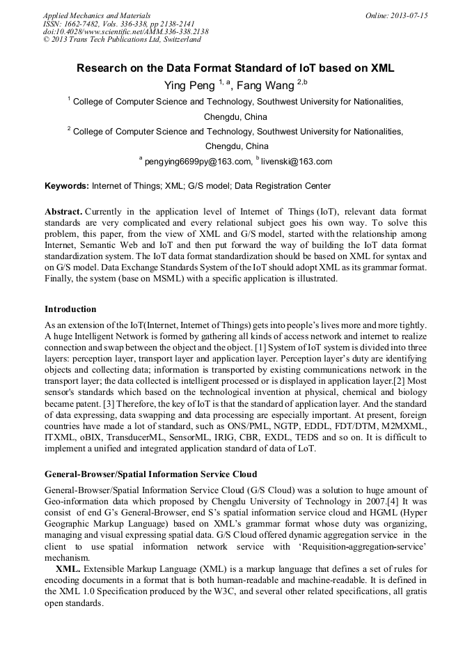 Research on the Data Format Standard of IoT Based on XML | Scientific.Net