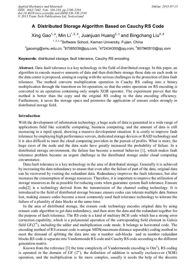 A Distributed Storage Algorithm Based on Cauchy RS Code | Scientific.Net