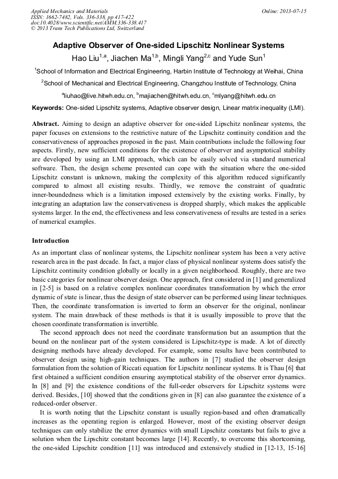Adaptive Observer of One-Sided Lipschitz Nonlinear Systems | Scientific.Net