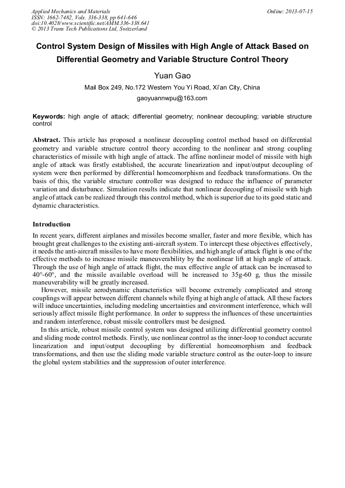Control System Design of Missiles with High Angle of Attack Based on ...