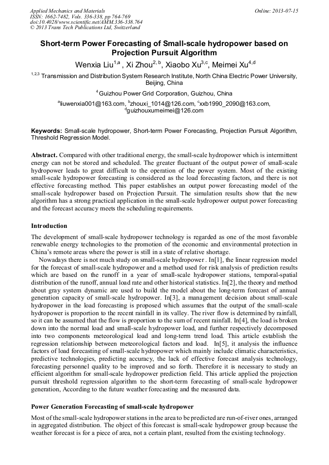 Short Term Power Forecasting Of Small Scale Hydropower Based On Projection Pursuit Algorithm