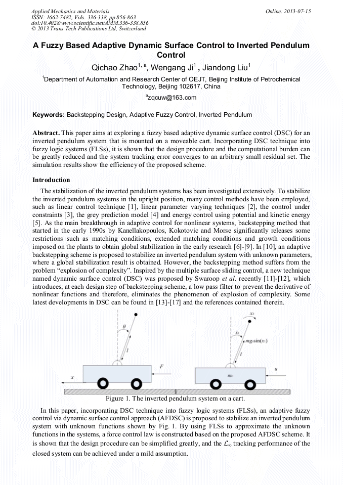 A Fuzzy Based Adaptive Dynamic Surface Control To Inverted Pendulum Control Scientific Net