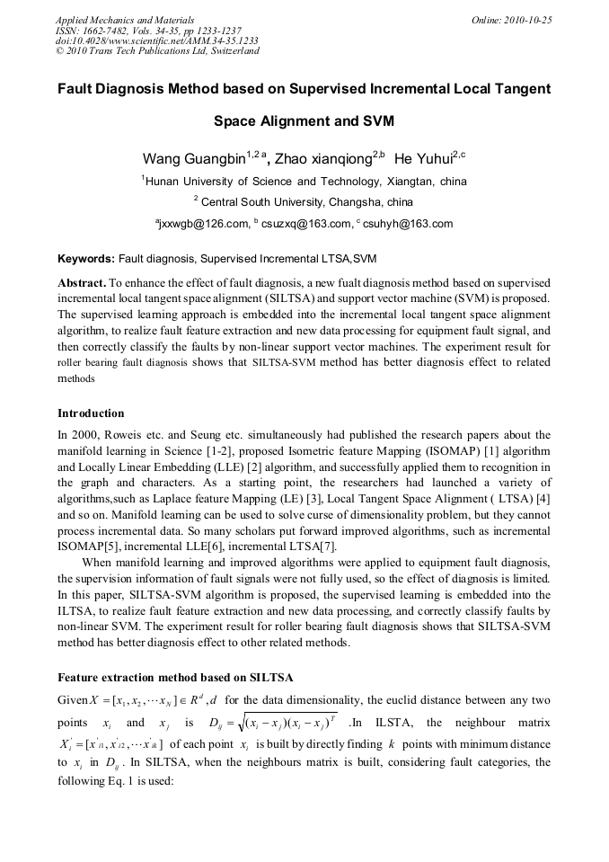 Fault Diagnosis Method Based on Supervised Incremental Local Tangent Space Alignment and SVM ...