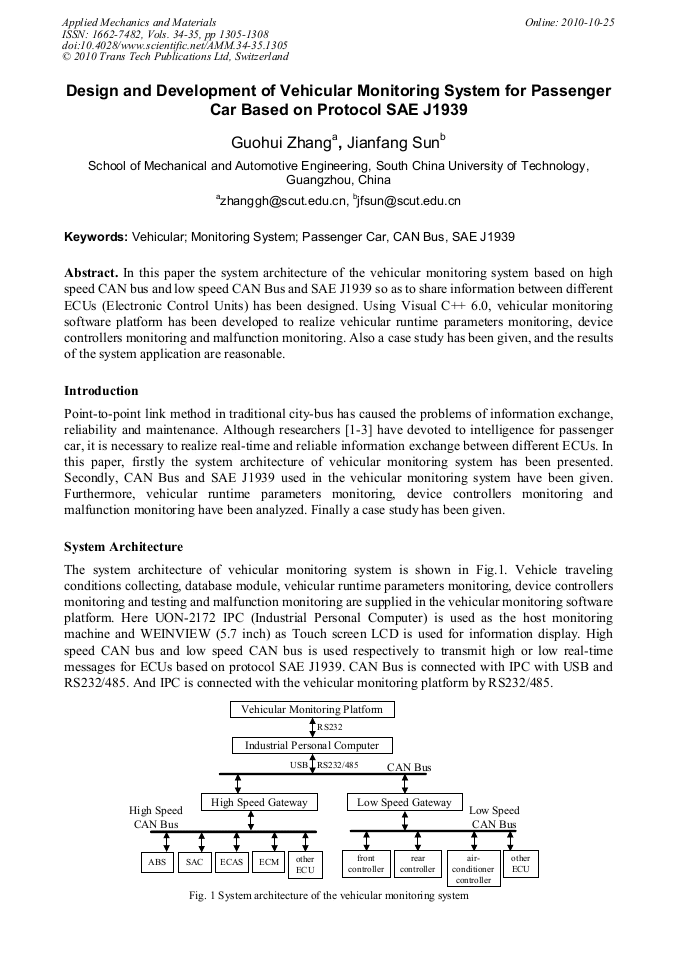 Design and Development of Vehicular Monitoring System for Passenger Car Based on Protocol SAE ...
