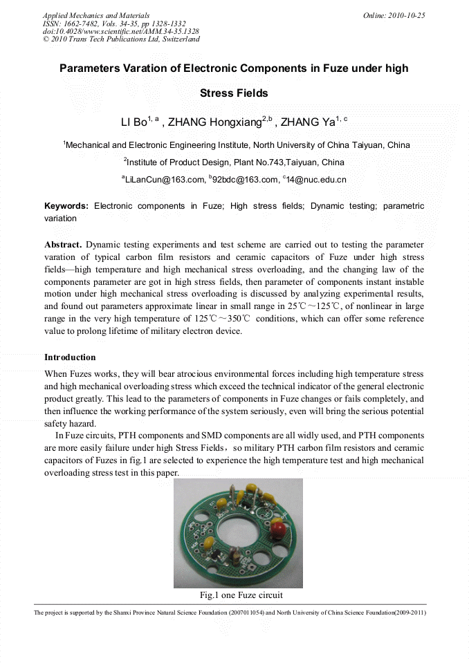 Parameters Varation of Electronic Components in Fuze under High Stress ...