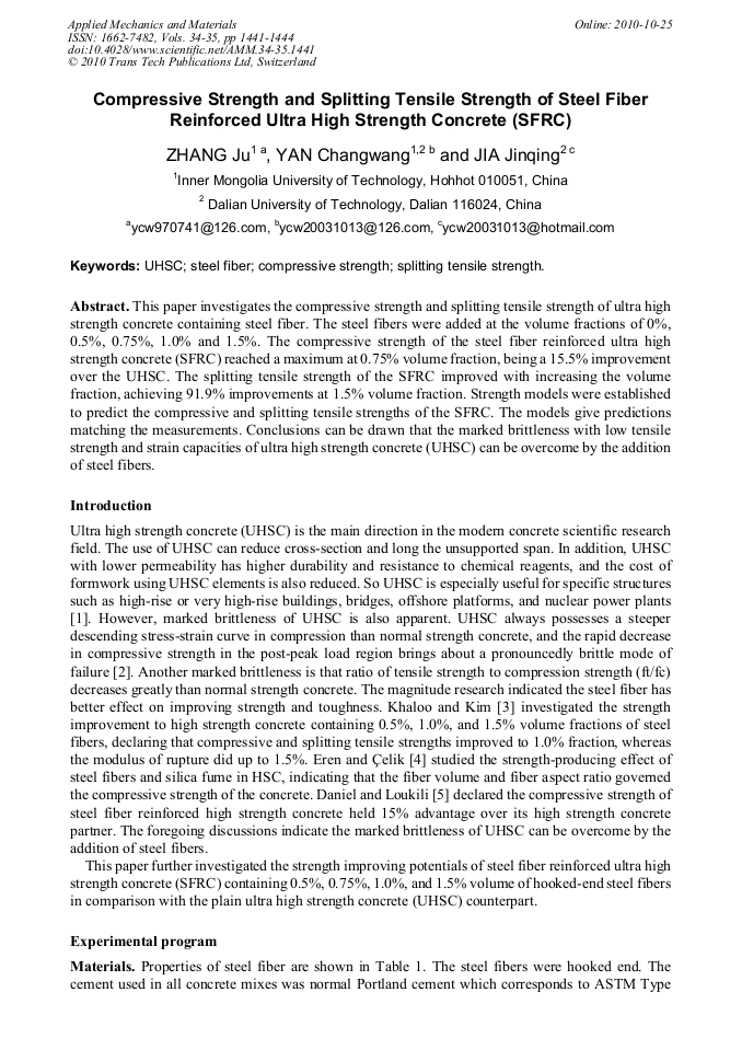 Compressive Strength and Splitting Tensile Strength of Steel Fiber ...
