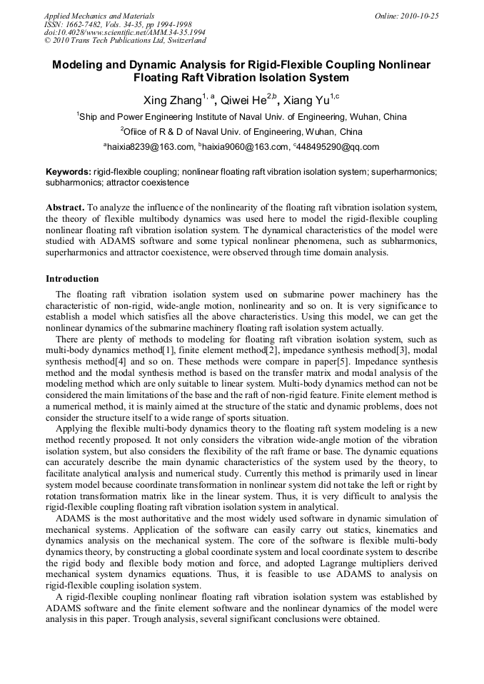 Modeling and Dynamic Analysis for Rigid-Flexible Coupling Nonlinear Floating Raft Vibration ...