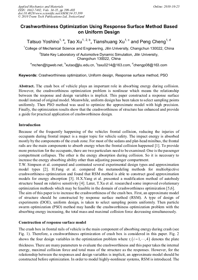 Crashworthiness Optimization Using Response Surface Method Based on Uniform Design | Scientific.Net