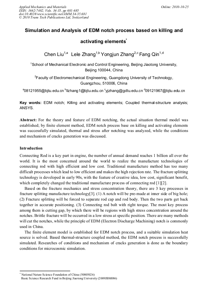 Simulation and Analysis of EDM Notch Process Based on Killing and ...