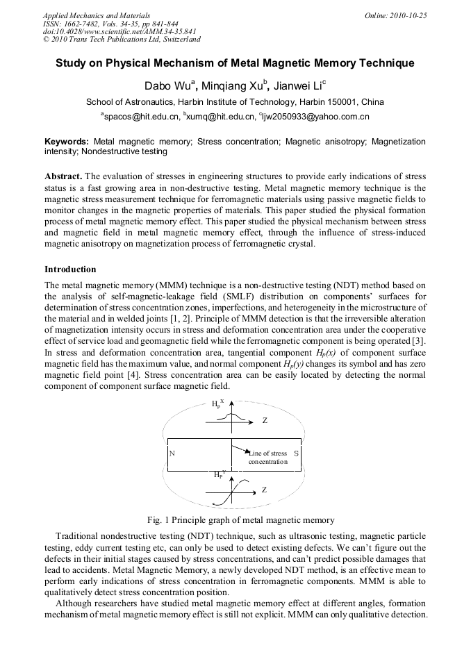 Study on Physical Mechanism of Metal Magnetic Memory Technique ...