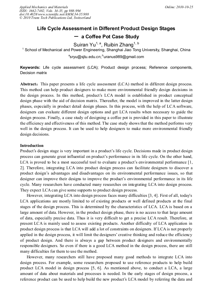 Life Cycle Assessment in Different Product Design Stages - A Coffee Pot ...