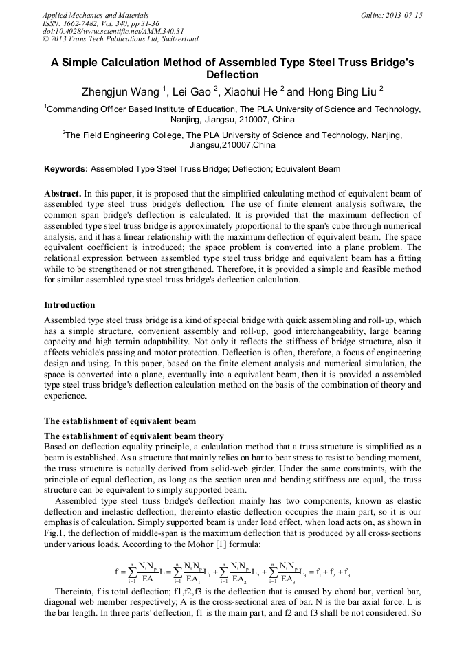 A Simple Calculation Method of Assembled Type Steel Truss Bridge's ...