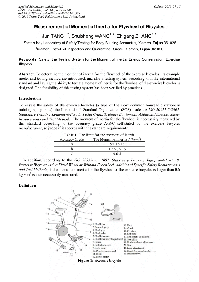 Measurement of Moment of Inertia for Flywheel of Bicycles | Scientific.Net