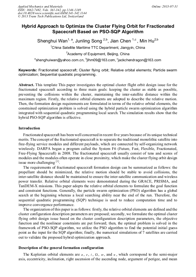 Hybrid Approach to Optimize the Cluster Flying Orbit for Fractionated Spacecraft Based on PSO ...