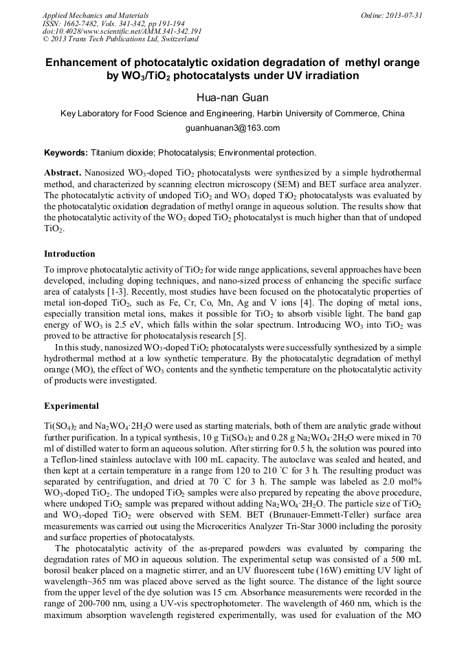 Enhancement of Photocatalytic Oxidation Degradation of Methyl Orange by WO3/TiO2 Photocatalysts ...