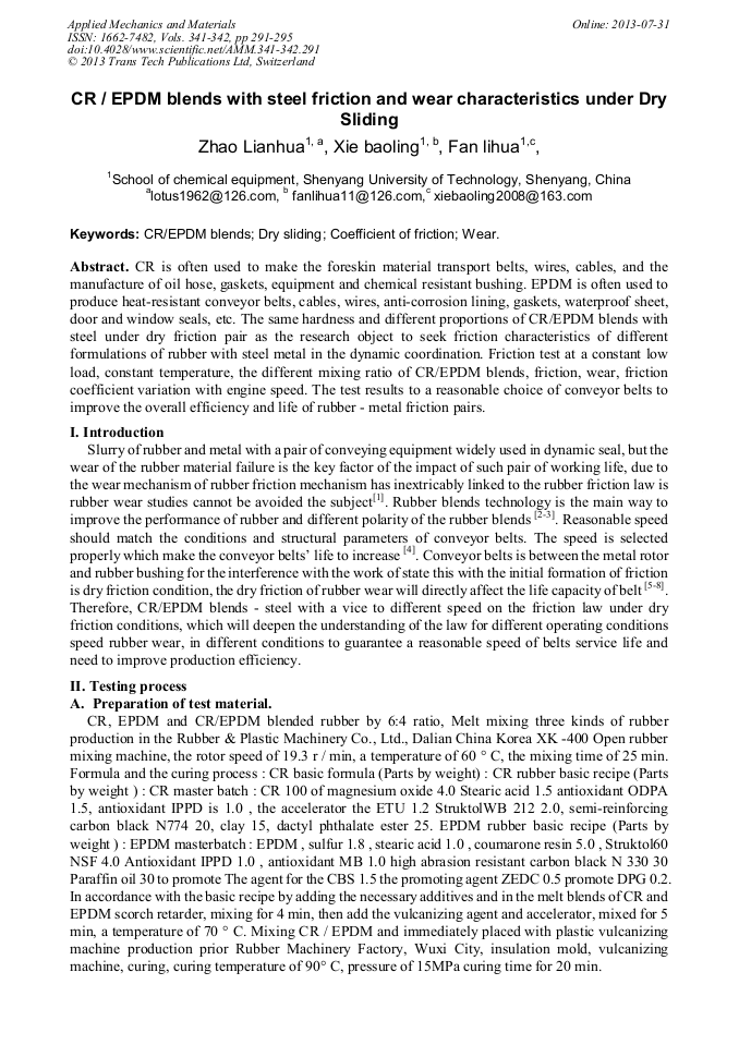 CR/EPDM Blends with Steel Friction and Wear Characteristics under Dry ...
