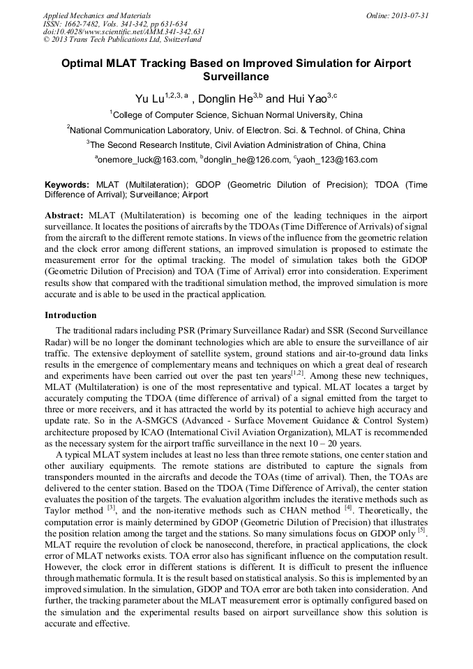 Optimal MLAT Tracking Based on Improved Simulation for Airport ...