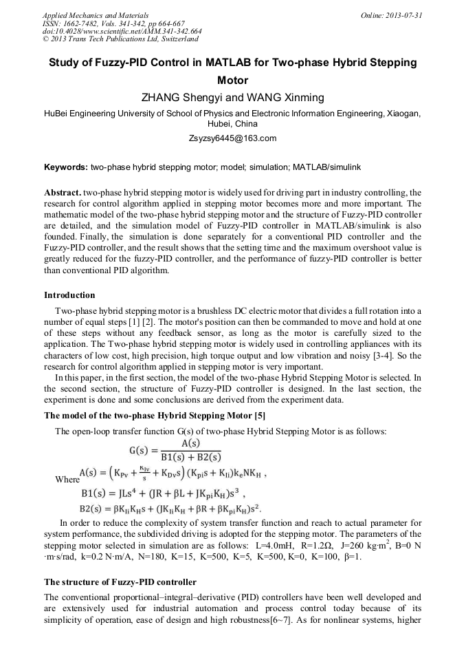 Study of Fuzzy-PID Control in MATLAB for Two-Phase Hybrid Stepping ...