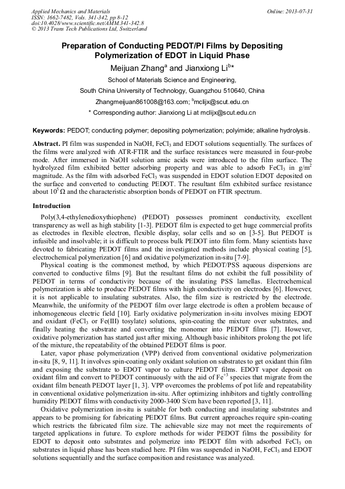 Preparation of Conducting PEDOT/PI Films by Depositing Polymerization ...