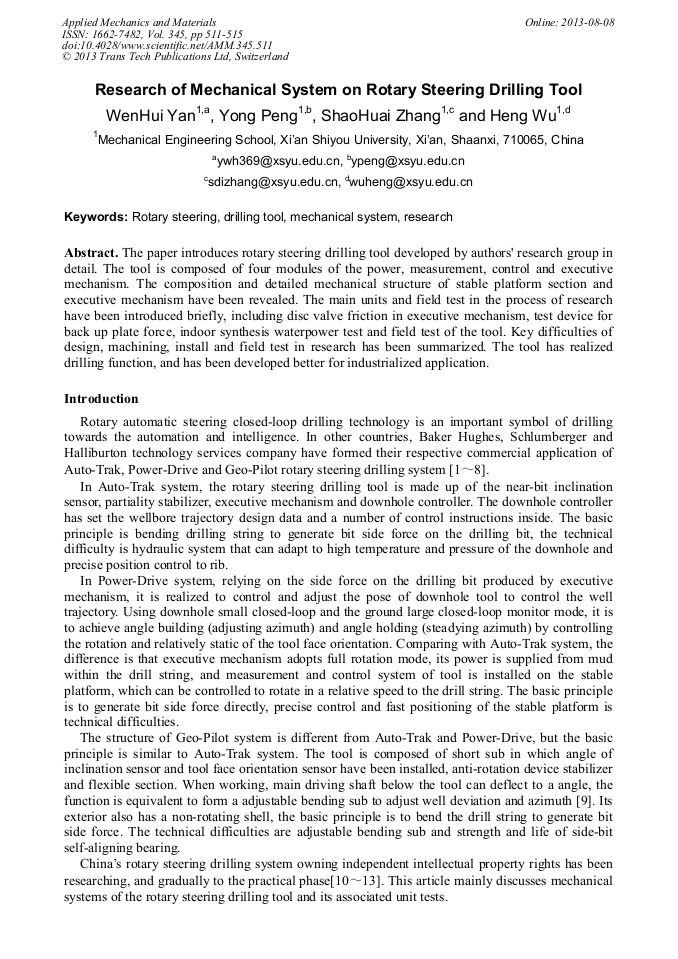 Research of Mechanical System on Rotary Steering Drilling Tool ...