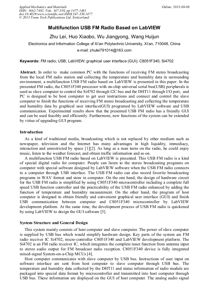 Multifunction USB FM Radio Based on LabVIEW | Scientific.Net