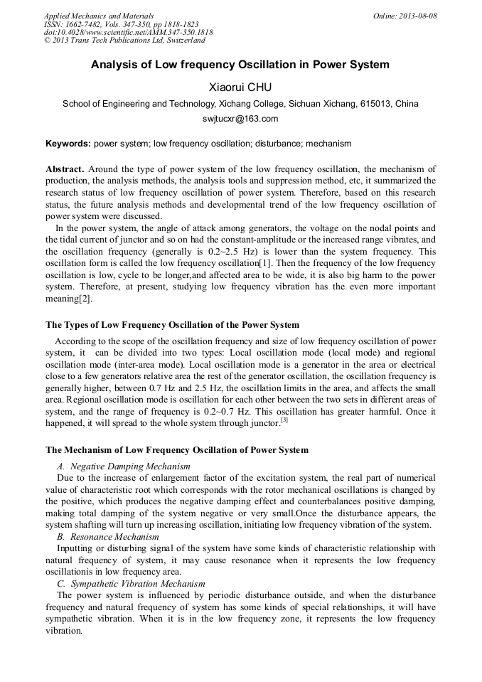 Analysis of Low Frequency Oscillation in Power System | Scientific.Net