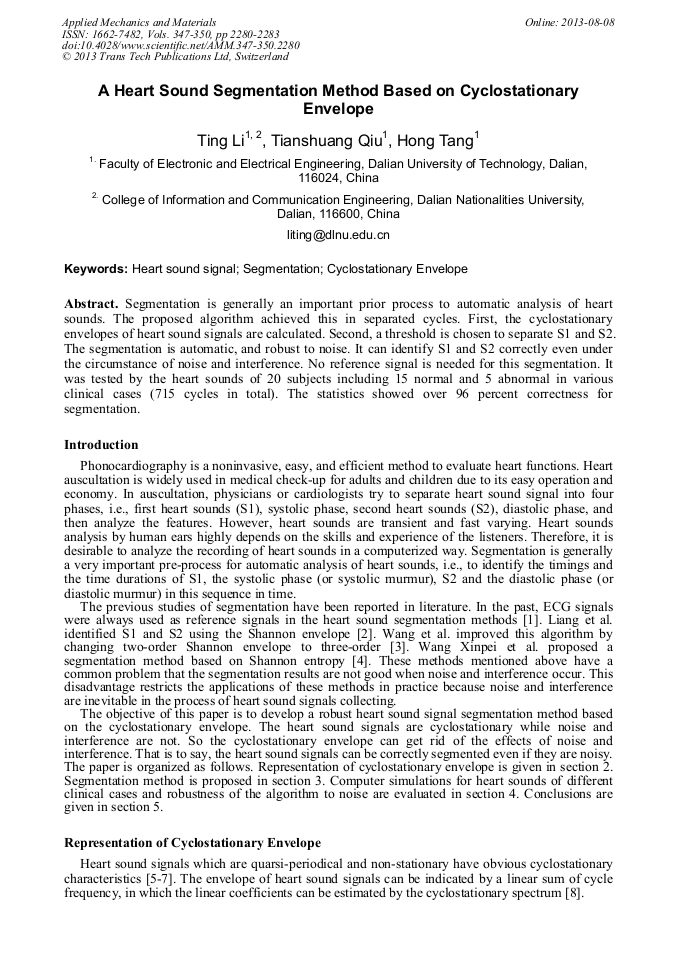 A Heart Sound Segmentation Method Based on Cyclostationary Envelope ...