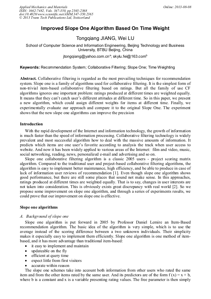 Improved Slope One Algorithm Based on Time Weight | Scientific.Net