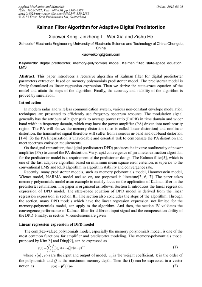 Kalman Filter Algorithm for Adaptive Digital Predistortion | Scientific.Net