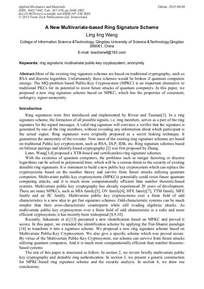 A New Multivariate-Based Ring Signature Scheme | Scientific.Net