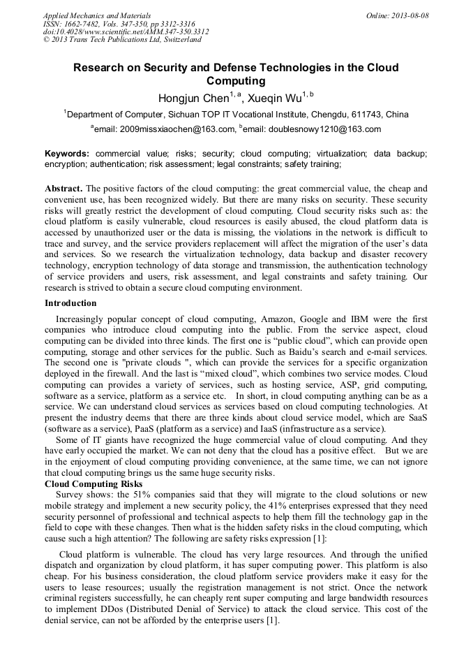 Research on Security and Defense Technologies in the Cloud Computing | Scientific.Net