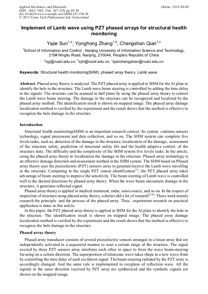 Implement of Lamb Wave Using PZT Phased Arrays for Structural Health ...