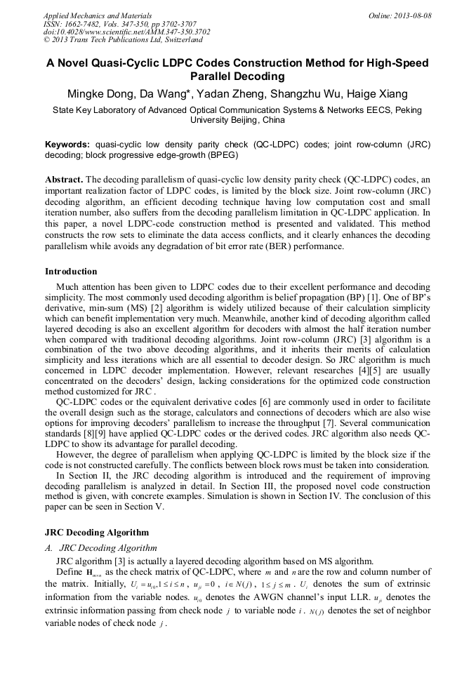 A Novel Quasi-Cyclic LDPC Codes Construction Method for High-Speed Parallel Decoding ...