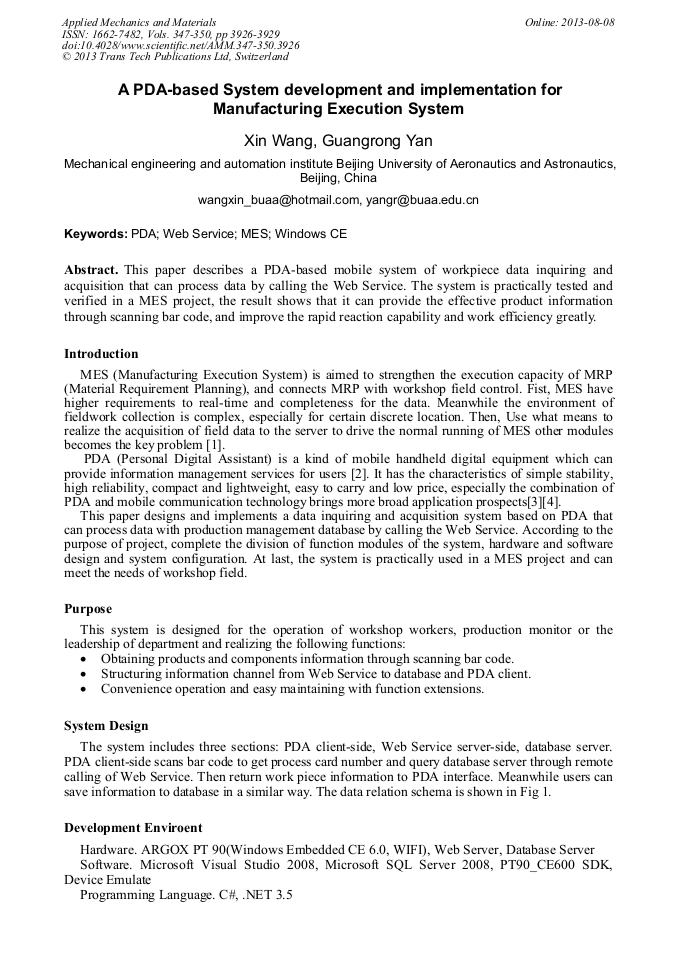 A PDA-Based System Development and Implementation for Manufacturing Execution System ...