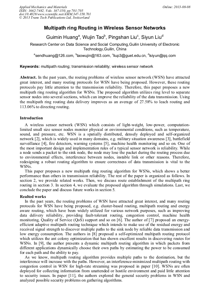 Multipath Ring Routing in Wireless Sensor Networks | Scientific.Net